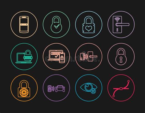 Set Line Bezier Curve Lock Padlock With Heart Two Steps Authentication Laptop Password