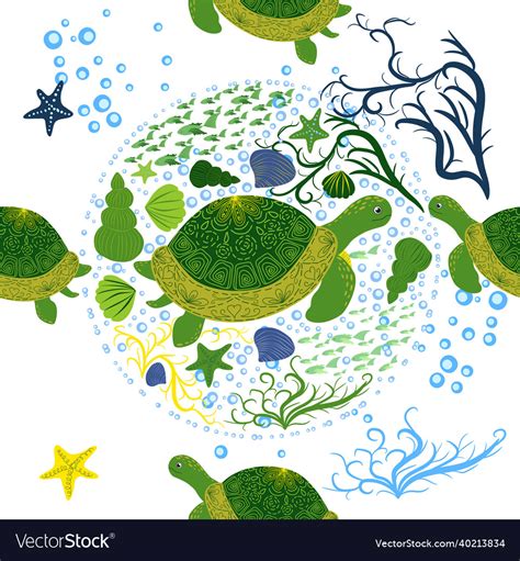 Turtle Green Seamless Pattern Beautiful Character Vector Image