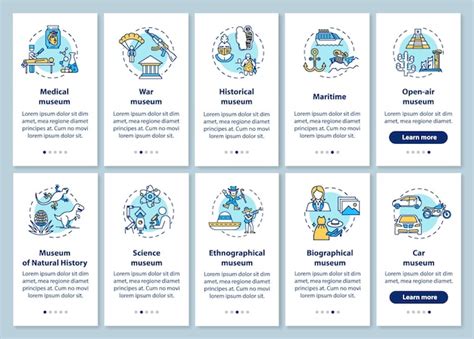 선형 개념의 전시 및 박물관 온보딩 모바일 앱 페이지 화면 민족지 전기 5가지 연습 단계 그래픽 지침 삽화가 있는 Ux Ui Gui 벡터 템플릿 프리미엄 벡터