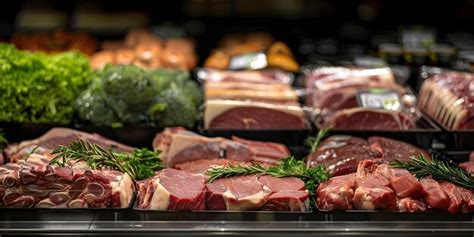 Assorted Raw Red Meat Cuts On Display At A Supermarket Meat Counter