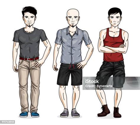 세련 된 캐주얼 옷에서 서 있는 잘생긴 젊은 남자 벡터 다양 한 사람들이 그림을 설정합니다 라이프 스타일 테마 남성 캐릭터입니다