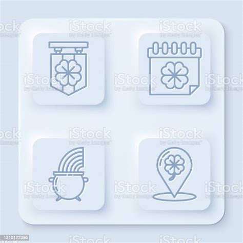 네 잎 클로버와 세트 라인 거리 간판 달력세인트 패트릭의 날 마녀 가마솥과 무지개와 위치와 네 잎 클로버 흰색 정사각형 버튼 벡터 0명에 대한 스톡 벡터 아트 및 기타