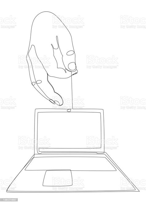 노트북과 손의 하나의 연속 라인 가는 선 그림 벡터 개념입니다 등고선 그리기 창의적인 아이디어 한붓그리기에 대한 스톡 벡터 아트
