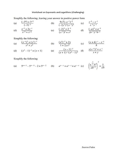 Worksheet On Exponents And Logarithms Pdf