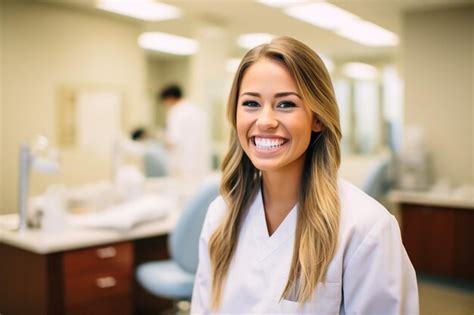 Premium AI Image Attractive Blond Smiling Female Lab Assistant Standing In Laboratory With