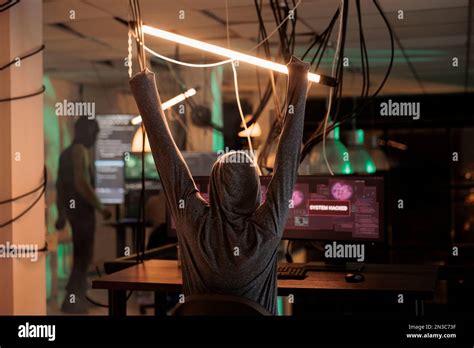 Successful Computer System Password Hacking Internet Criminal Celebrating Victory Cyberattack