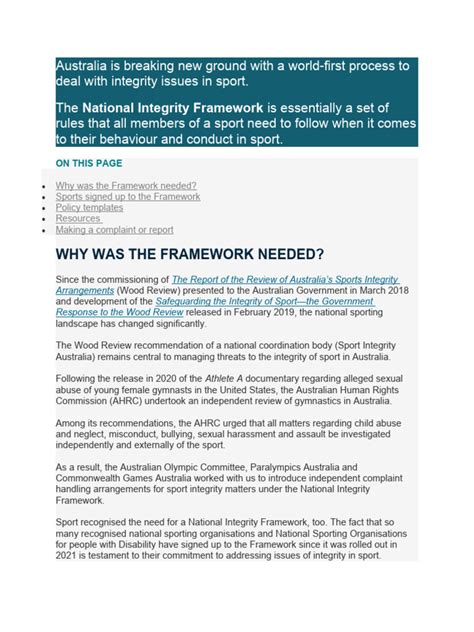 National Integrity Framework Pdf Sports Human Rights