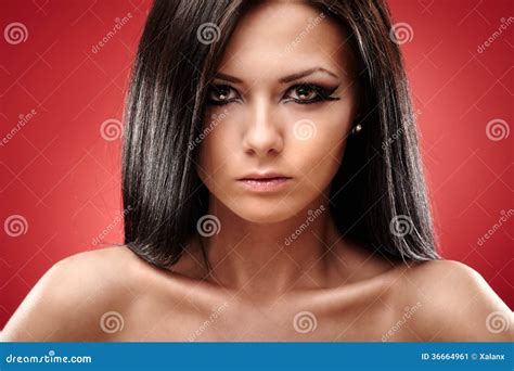 Glamour Brunette On Red Background Stock Image Image Of Eyeshadow Latin