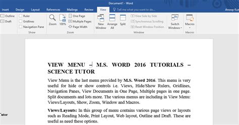 VIEW MENU M S WORD TUTORIALS SCIENCE TUTOR