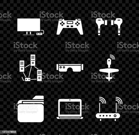 스마트 Tv 게임 패드 에어 헤드폰 문서 폴더 노트북 라우터 및 와이파이 신호 컴퓨터 네트워크 및 안경 아이콘을 설정합니다 벡터 0명에 대한 스톡 벡터 아트 및 기타 이미지
