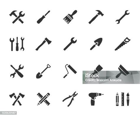 도구 플랫 아이콘의 벡터 집합입니다 아이콘 망치 렌치 드라이버 도끼 페인트 브러시 퍼티 나이프 드릴 펜치 등이 들어 있습니다 픽셀 완벽 작업 장비에 대한 스톡 벡터 아트 및
