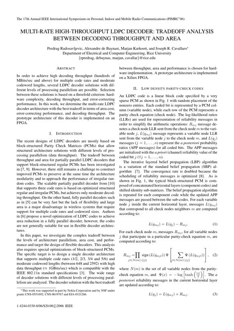 Pdf Multi Rate High Throughput Ldpc Decoder Tradeoff Analysis Between Decoding Throughput And