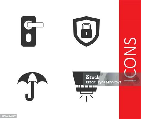 화재 스프링클러 시스템 지문 도어록 우산 및 방패 보안을 아이콘으로 설정하십시오 벡터 검은색에 대한 스톡 벡터 아트 및 기타