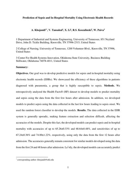 Pdf Prediction Of Sepsis And In Hospital Mortality Using Electronic Health Records