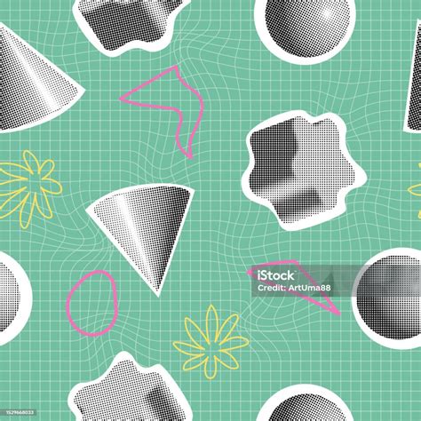 혼합 스타일 디자인을위한 하프 톤 기법의 기하학적 모양을 가진 콜라주 요소가있는 매끄러운 패턴 미친 그런지 펑크의 미학 Y2k 그리드 벡터 3차원 형태에 대한 스톡 벡터