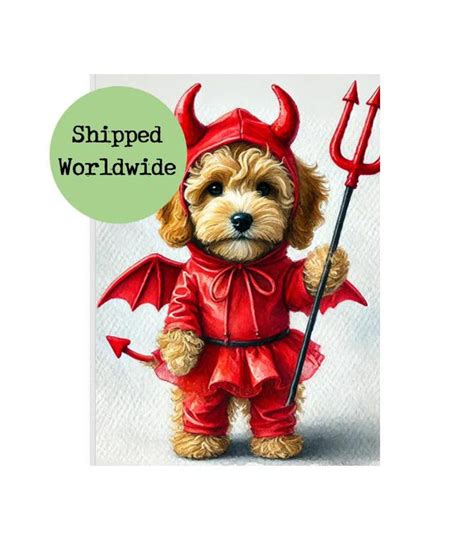Cockapoo Dressed As Red Devil Print Cockerpoo In Halloween Costume