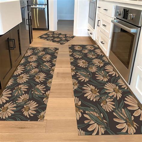 Vintage Daisy Kitchen Rugs Sets Of 3non Slip Rubber Kitchen Mats For