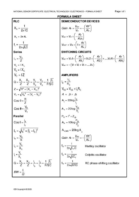 Electrical Technology Electronics Formula Sheet 2020 National Senior