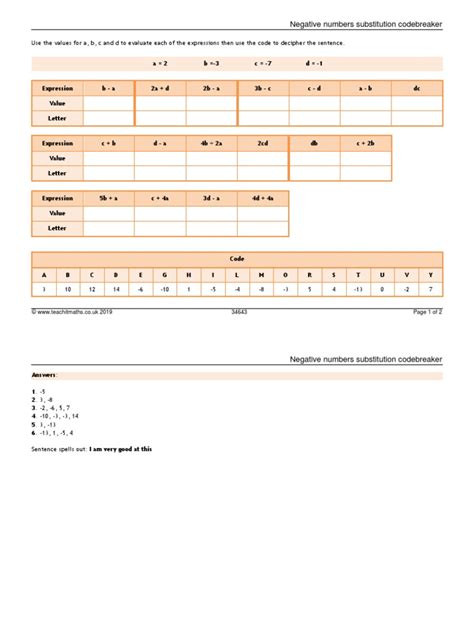 Negative Numbers Code Breaker Pdf