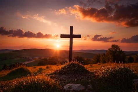 Sunset Behind Cross In Easter Landscape Premium Ai Generated Image