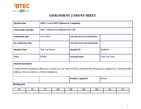 Asm2 Software Development Life Cycle Assignment 2 Front Sheet Qualification Btec Level 4 Hnd
