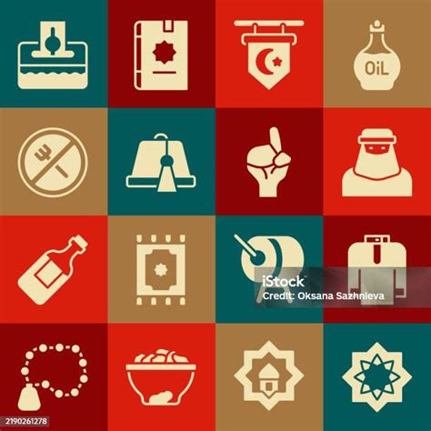 세트 팔각형 별 셔츠 Kurta 니캅 별과 초승달 터키 모자 라마단 금식 기부 또는 Zakat 및 손기도 위치 아이콘을 지불하십시오 벡터 0명에 대한 스톡 벡터 아트 및