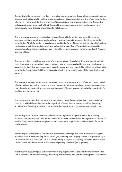 Accounting Is The Process Of Recording Classifying And Summarizing Financial Transactions