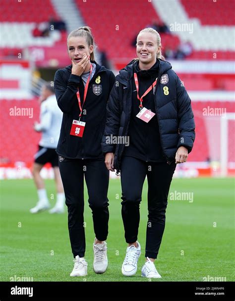 Englands Ella Toone And Beth Mead Right Inspect The Pitch Before The
