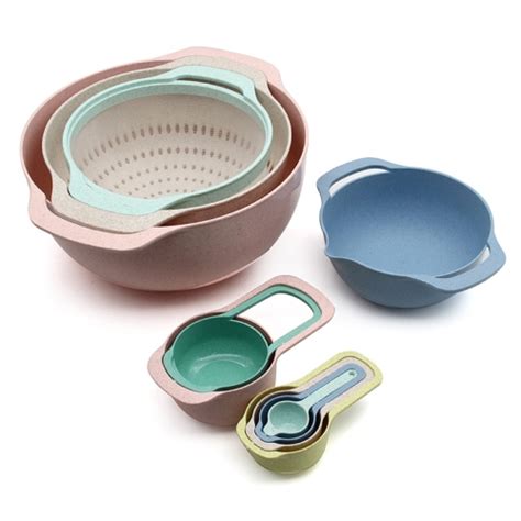 10 In 1 밀 짚 베이킹 도구 무지개 측정 숟가락 플라스틱 측정 컵 세트 색상