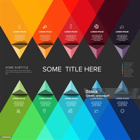 벡터 어두운 다목적 인포 그래픽 템플릿 와 10 개의 삼각형 화살표 요소 에서 두 행에서 색상 묘사에 대한 스톡 벡터 아트 및 기타 이미지 Istock