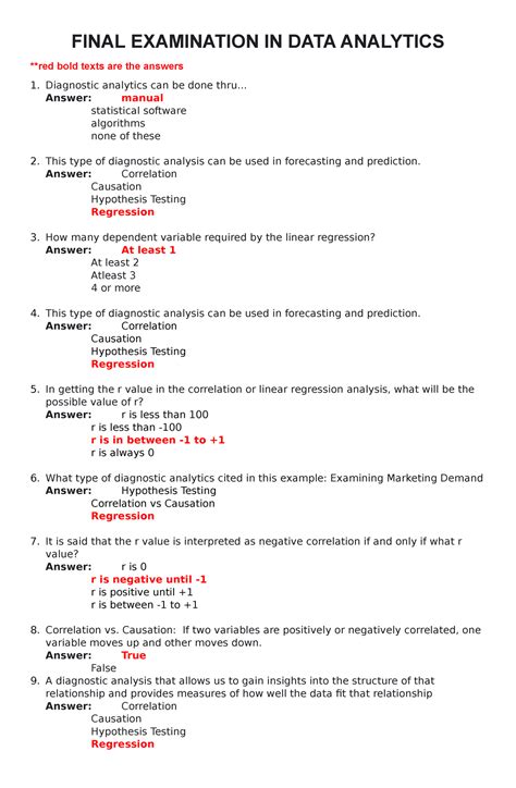 Data Analytics Final Examination Final Examination In Data Analytics Red Bold Texts Are