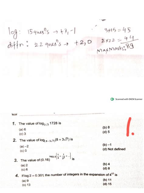 Logarithm N Diffn Quiz Pdf