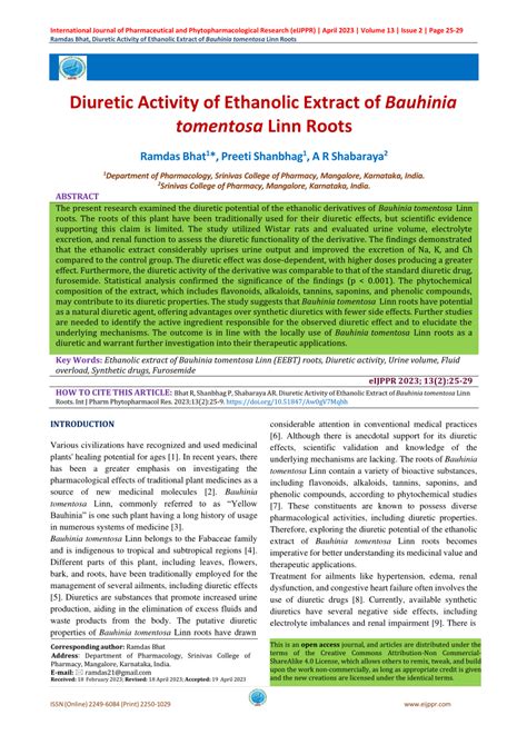 Pdf Ramdas Bhat Diuretic Activity Of Ethanolic Extract Of Bauhinia