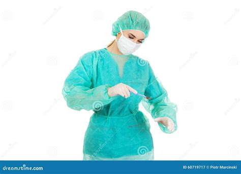 Female Surgeon Doctor With A Scalpel Performs The Surgery Stock Image Image Of Isolated