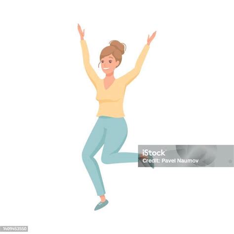 손을 들어 점프하는 행복한 여자 캐릭터 벡터 일러스트 레이 션 감정에 대한 스톡 벡터 아트 및 기타 이미지 감정 개념 긍정적인 감정 표현 Istock