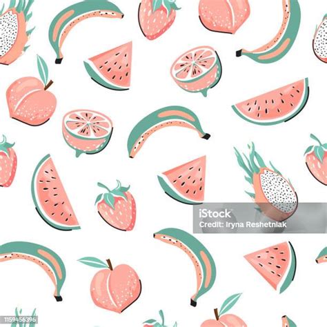 드래곤 과일 복숭아 수박 레몬 바나나 딸기와 현대 원활한 열대 패턴 0명에 대한 스톡 벡터 아트 및 기타 이미지 0명 개체 그룹 건강한 식생활 Istock