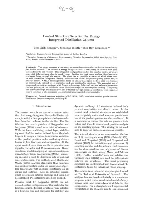 Pdf Control Structure Selection For Energy Integrated Distillation Column