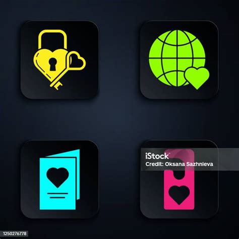 세트 마음과 열쇠의 모양의 심장 성 마음과 심장 세계 사랑발렌타인데이 파티 전단지로 방해하지 마십시오 검은 색 사각형 버튼 벡터