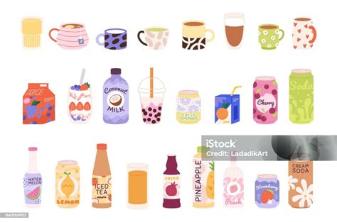 음료 및 음료 수집 커피와 차 밀크 쉐이크 주스와 칵테일 병 캔 및 종이 상자에 담긴 액체 격리된 컵 벡터 세트 병에 대한 스톡 벡터 아트 및 기타 이미지 Istock