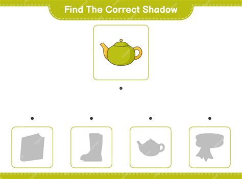 올바른 그림자를 찾으십시오 찻주전자의 올바른 그림자를 찾아 일치시킵니다 교육 어린이 게임 인쇄용 워크시트 벡터 일러스트 레이 션 프리미엄 벡터