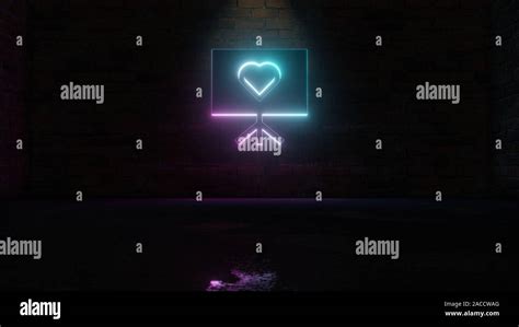 3d Rendering Of Blue Violet Neon Symbol Of Presentation Board With Heart On Dark Brick Wall