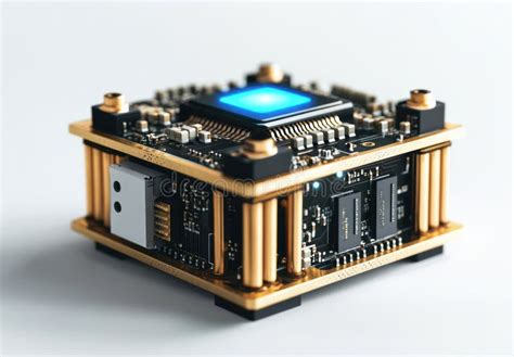 Highly Detailed Microchip With Illuminated Blue Light On Black Gold And White Board Against Pure