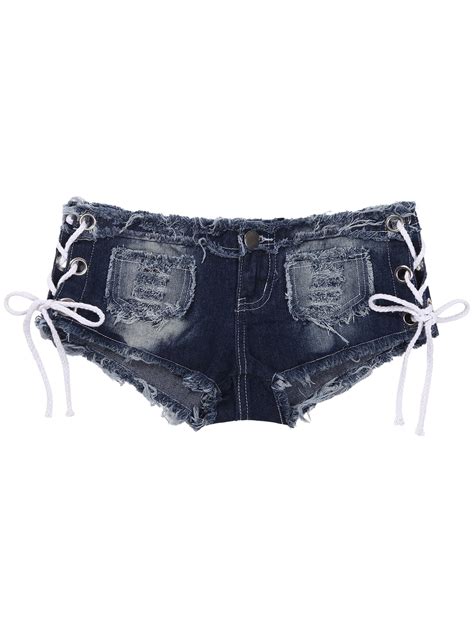 Haitryli Womens Low Rise Mini Denim Shorts Side Lace Up Denim Thong
