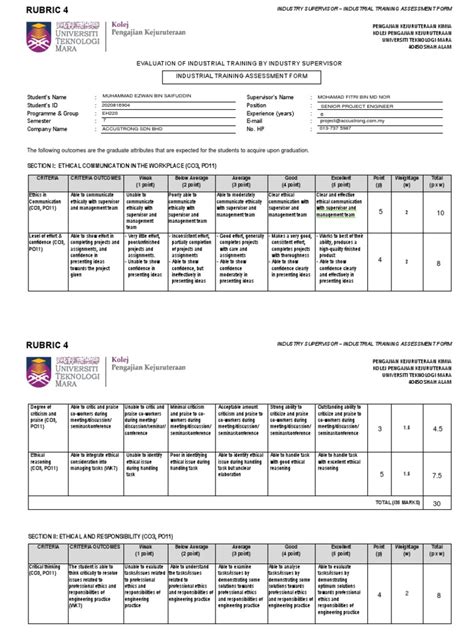 Rubric 4 Industry Supervisor Assessment Evaluation Form Pdf