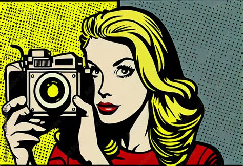 Portrait Von Sexy Pin Up Girl Mit Einer Kamera In Der Hand Im Bunten