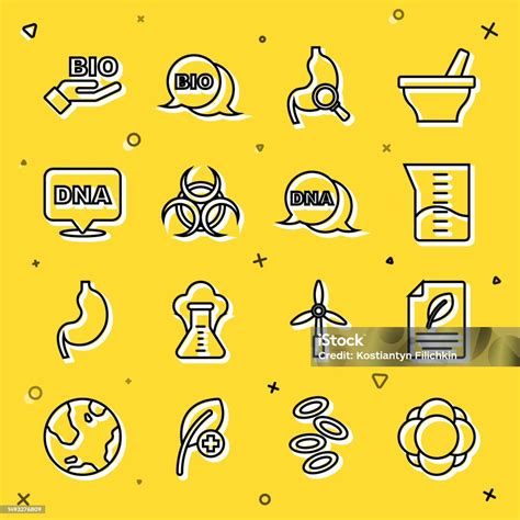 세트 라인 분자 잎이 있는 에코 종이 실험실 유리 제품 또는 비커 위 확대 생물학적 위험 기호 Dna 건강 식품 및 아이콘 벡터 건강 진단에 대한 스톡 벡터 아트 및 기타