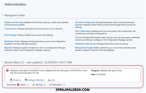 configure low disk space alerts for sccm database server