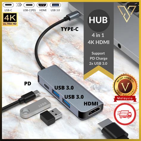 Ready Stock 4 In 1 Multiport Type C Hub With HDMI Port 4K HD Display HDMI 3xUSB 3 0 Ports PD