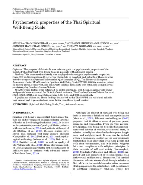 Pdf Psychometric Properties Of Thai Spiritual Well Being Scale