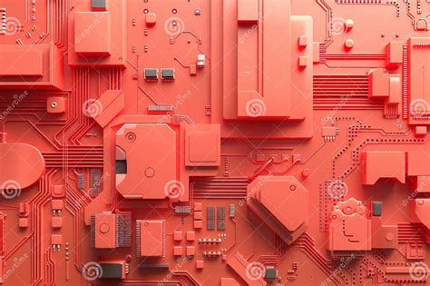 Intricate Red Motherboard Close Up Of Circular And Rectangular Electronic Components With